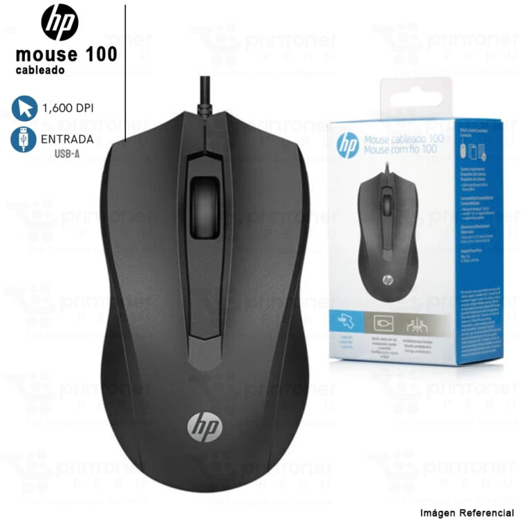 Mouse Cableado HP 100 USB Negro 1600 DPI Original (6VY96AA) - PrinToner ...
