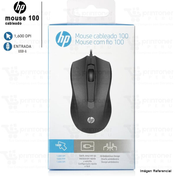 Mouse Cableado HP 100 USB Negro 1600 DPI Original (6VY96AA) - PrinToner ...